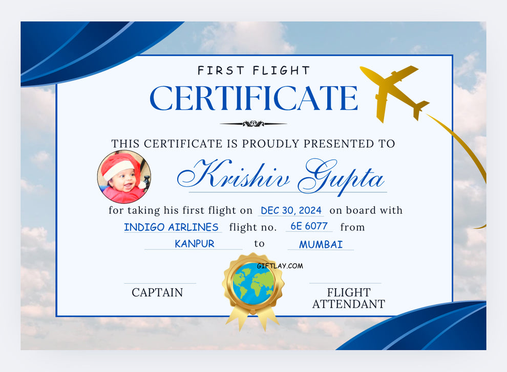 Blue White First Flight Certificate with photo – Giftlay India