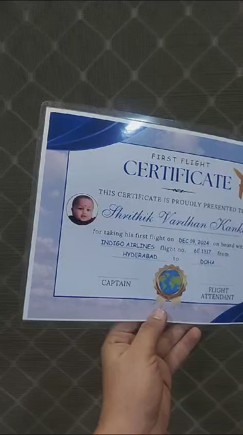 Laminated First Flight Certificate in Front with ticket as memory at b ...